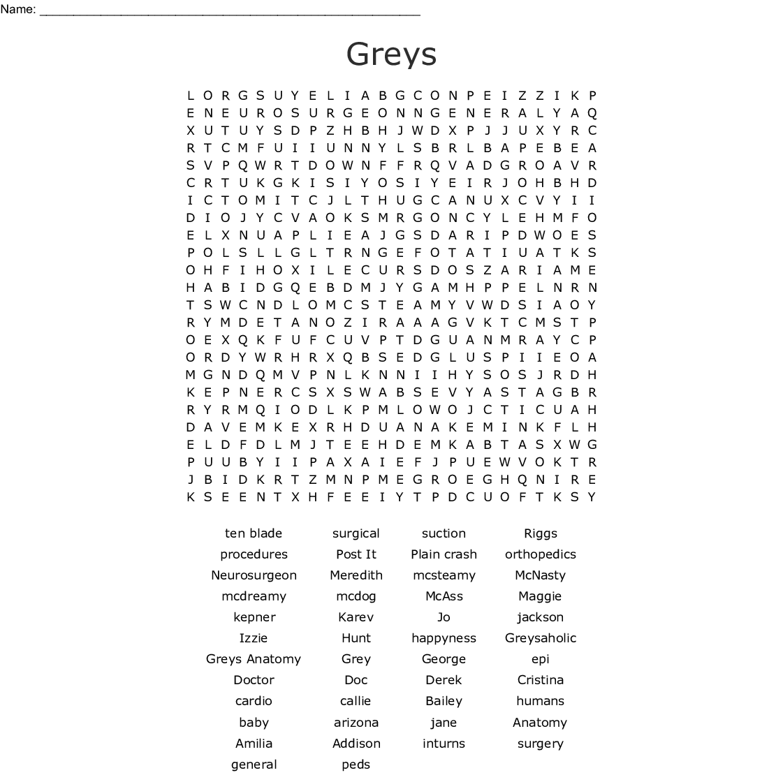 Grey s Anatomy Word Search Puzzles Printable Anatomy Worksheets